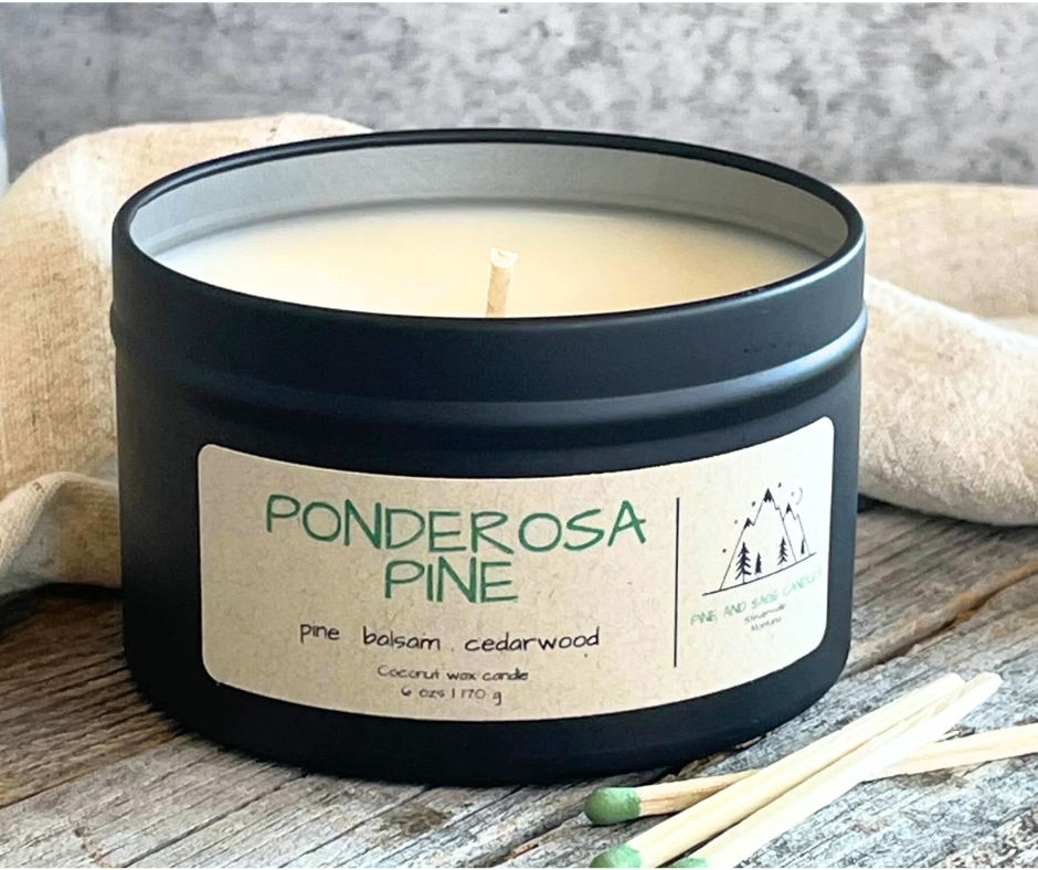 Ponderosa Pine- 6 oz. Black Matte Candle Tin – Pine and Sage Candles